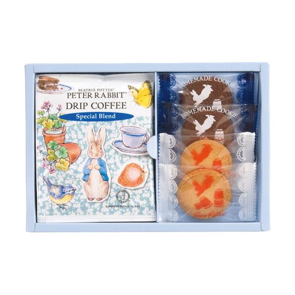 長年愛されてきたピーターラビット。デザインが新しくなって登場。花柄に囲まれたピーターラビットがとてもキュートです。そんなピーターラビットがお届けするドリップコーヒーとスイーツのセット。香り高い簡易ドリップコーヒーと2種類のクッキーをセットし...