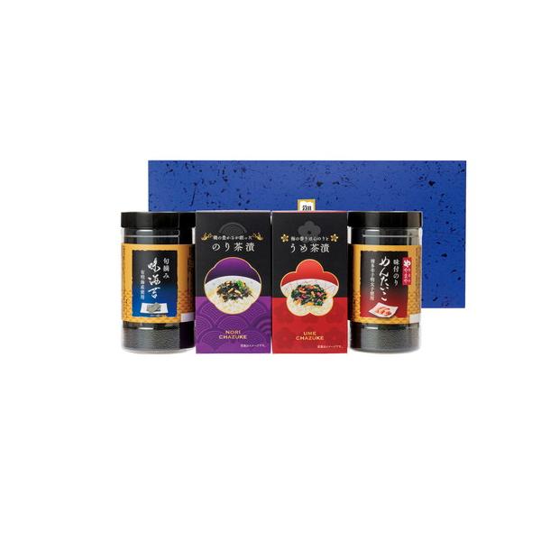 毎日の食卓に嬉しい海苔やお茶漬などの詰合せ。■有明海産味海苔6袋詰(8切4枚)・食卓のやまや博多辛子明太子味海苔(8切24枚)・のり茶漬け(5g×4袋)・うめ茶漬け(5g×4袋)  【乳成分・小麦・えび】 ■箱サイズ:143×303×75m...