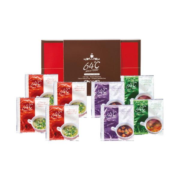 64℃ スープギフトの「こだわり」64℃ スープギフトは、スープを飲む時に温かくおいしく感じられ、体をあたためます。おいしいスープをご賞味ください。■中華わかめスープ4袋・洋風オニオンスープ・欧風野菜スープ各2袋■箱サイズ:21×6×12c...
