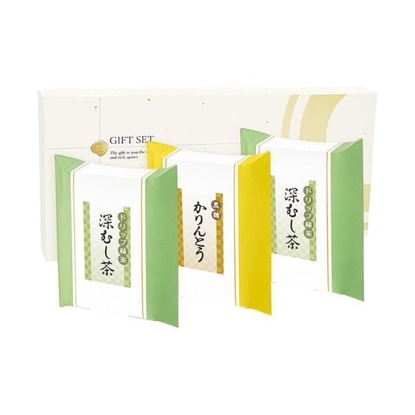 本品のドリップ緑茶は、ティーバッグタイプよりも本格的に急須を使ったようなお茶本来の味わいを楽しめます。牧之原台地にある茶畑から丹精込めて作り上げた深むし茶、豊かな味わいのかりんとうの詰め合せです。■深むし茶(3g×4袋)2箱・黒糖かりんとう...