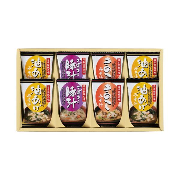 凍結乾燥の技術でお湯を注ぐだけでおいしさそのままのお味噌汁詰合せ。油揚げとわかめを使い、和風だしを効かせた定番の味噌汁(油揚げ)。3種のきのこを使い、米みそと豆みそをブレンドした風味豊かな味噌汁(きのこ)。豚肉と野菜の旨味にごぼうの食感がマ...