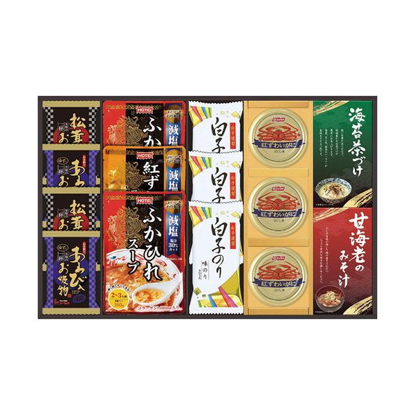 あわび、松茸の高級素材を使ったフリーズドライとふかひれスープ、紅ずわいがにスープと白子のりを詰め合わせた贅沢な贈り物です。■ふかひれスープ160g・松茸入お吸い物4.2g・あわび入お吸い物4g各2袋・紅ずわいがにスープ160g×1袋・白子の...