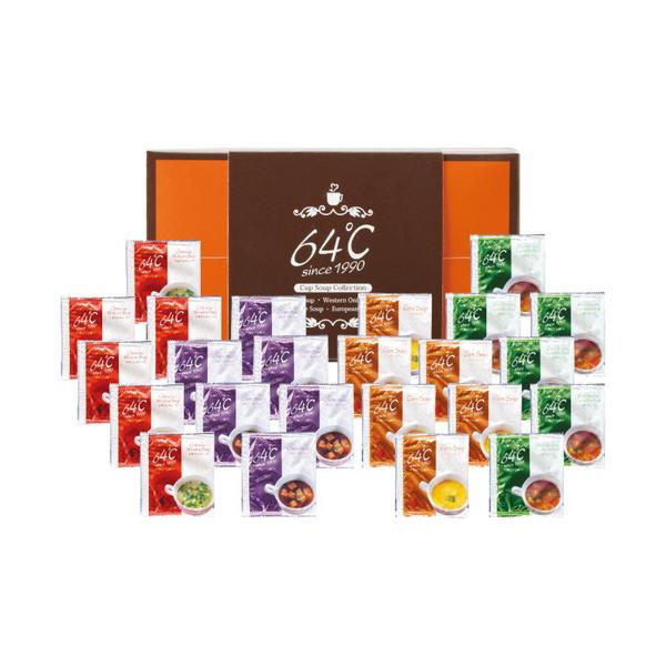 64℃ スープギフトの「こだわり」64℃ スープギフトは、スープを飲む時に温かくおいしく感じられ、体をあたためます。おいしいスープをご賞味ください。■中華わかめスープ・洋風オニオンスープ・欧風野菜スープ・コーンスープ各6袋■箱サイズ:21×...