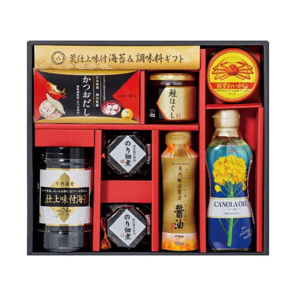 さっくり食感、ふわっと舌溶けの荒仕上味付海苔。誰にでも喜ばれる、毎日の食卓に欠かせない和の詰合せ。■味付のり(8切24枚)1個・鮭ほぐし50g×1瓶・のり佃煮80g×2瓶・かつおだし(4g×8袋)1箱・伊賀越天然醸造醤油200ml・昭和キャ...