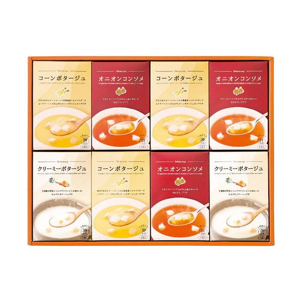 スイートコーンを使用したコーンポタージュ、チキンコンソメ入りのオニオンコンソメ、北海道ミルク入りのクリーミーポタージュの詰合せです。■コーンポタージュ(15g×3袋)・オニオンコンソメ(7g×3袋)各3個・クリーミーポタージュ(15g×3袋...