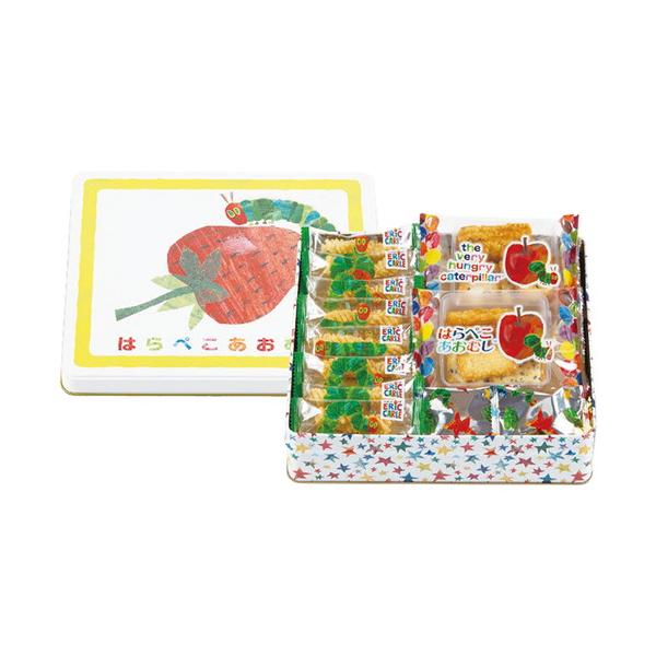 絵本「はらぺこあおむし」をモチーフにしたひねり揚げのギフトです、パッケージが絵本のページをめくるようです。■ひねり揚げ(個包装)65g・おかき(個包装)30g・おかき19g×2個■箱サイズ:24×21×6cm(缶入り)【用途】引出物 結婚祝...