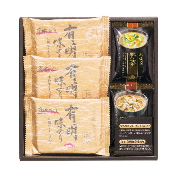 お湯を注ぐだけで本格的な味わいのマルコメフリーズドライ味噌汁と、白子有明海産味のり詰合せです。■マルコメ京懐石(野菜・きのこ各1個)・白子有明味のり(8切8枚)3個■箱サイズ:26.2×3.4×27.1cm【用途】引出物 結婚祝 出産祝 仏...