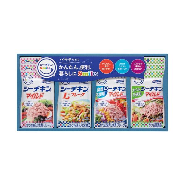便利で使いやすいパウチ(袋タイプ)の「シーチキンSmile」の詰合せ。■シーチキンSmile(マイルド・オイル不使用マイルド各3個・Lフレーク・食塩不使用マイルド各2個・各50g)■箱サイズ:42.2×4.6×21.7cm【用途】引出物 結...