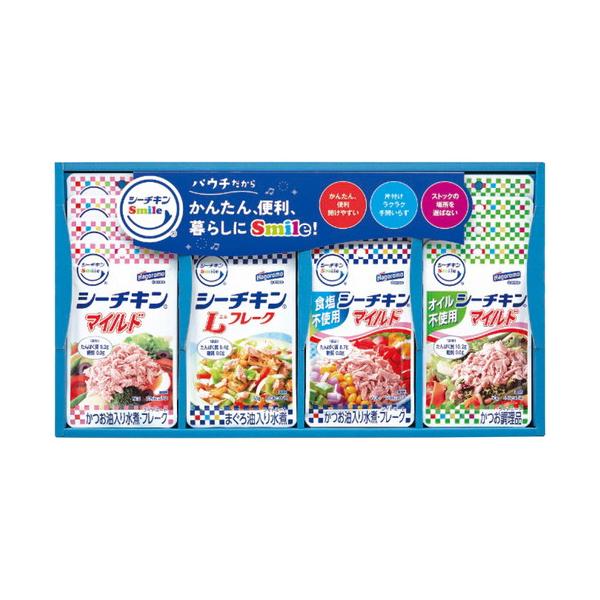 便利で使いやすいパウチ(袋タイプ)のギフトです。■シーチキンSmile(マイルド・Lフレーク・食塩不使用マイルド・オイル不使用マイルド各4個・各50g)■箱サイズ:42.2×4.6×23.7cm【用途】引出物 結婚祝 出産祝 仏事 快気 新...