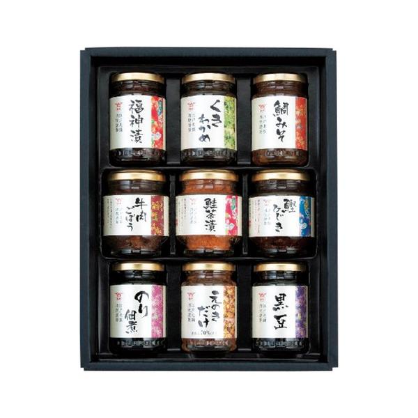 海の幸、山の幸をバラエティー豊かに詰合せしました。■福神漬(90g)・くきわかめ(75g)・のり佃煮(95g)・鮭茶漬(60g)・鯛みそ(100g)・黒豆(100g)・えのきだけ(90g)・牛肉ごぼう(55g)・鰹ひじき(40g)×各1■箱...