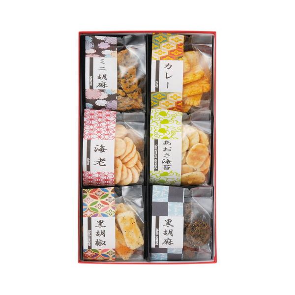 一口サイズのお煎餅詰合せ。色々な味をお楽しみいただけます。■海老(20g)・あおさ海苔(20g)・黒胡麻(20g)・黒胡椒(20g)・ミニゴマ(20g)・カレー(20g)×各1■箱サイズ:約290×175×55mm【用途】引出物 結婚祝 出...