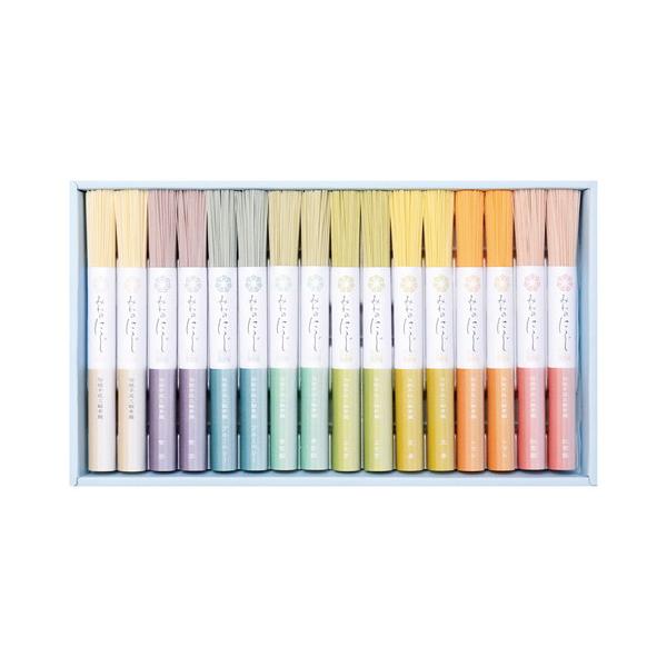 独特のコシと、のど越しが自慢の手延べ素麺を虹に見立てた彩り豊かな七色に仕上げました。■手延べ素麺(白・紅しそ・トマト・しょうが・よもぎ・青しそ・ブルーベリー・紫いも)(50g)×各20■箱サイズ:約215×365×32mm【用途】引出物 結...