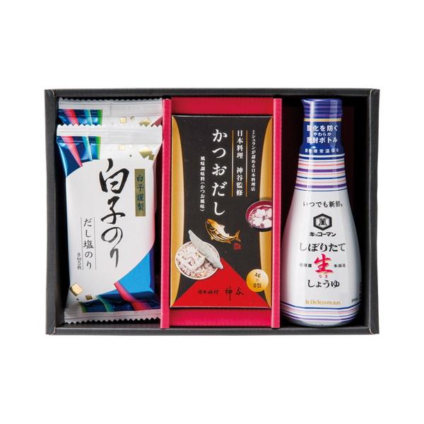 ミシュランが認める日本料理店「神谷」監修の味を家庭でもおたのしみください。■キッコーマンしぼりたて生醤油(200ml)・かつおだし(4g×8袋)×各1、白子だし塩のり(8切5枚)×2■箱サイズ:約180×245×70mm【用途】引出物 結婚...