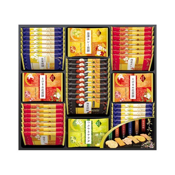 国産米100%の煎餅の詰合せです。加賀友禅をモチーフに色鮮やかにデザインされた目で見てきれいな米菓ギフトです。■黒ごま入り玄米煎餅・海老カレー煎餅×各14、えびまめ花煎餅×10、海老胡椒煎餅×9、金澤カレー煎餅・つぶやきサラダ煎餅×各5■箱...
