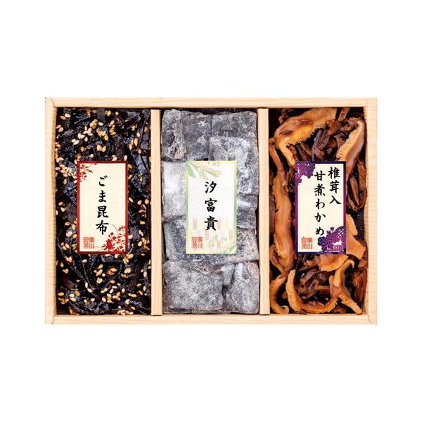 明治35年より伝えられてきた調味料を佃煮に全て染み込ますことによりふっくらとしっかりした味に炊き上げる事ができる「直火釜炊き製法」にて製造した佃煮の詰合せ商品です。■ごま昆布(45g)・汐富貴(20g)・椎茸入甘煮わかめ(45g)×各10■...