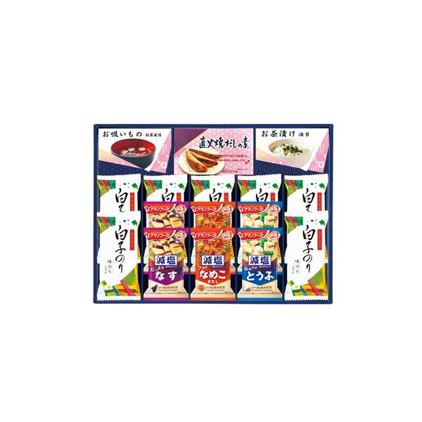 アマノフーズの減塩タイプみそ汁と白子のり味のりを詰合せました。■白子のり味のり(8切5枚)×7、減塩いつものおみそ汁(なす)9g・減塩いつものおみそ汁(とうふ)10.3g・減塩いつものおみそ汁(なめこ)8g×各2、永谷園お茶づけ海苔(4.7...