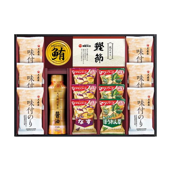 食べきりタイプの個包装が便利な大森屋の味付のり、お湯を注ぐだけで簡単に作り立てのおいしさが味わえるアマノフーズのフリーズドライおみそ汁など食卓にあると嬉しいギフトセットです。■アマノフーズいつものおみそ汁(なす・ほうれん草)×各3、大森屋味...