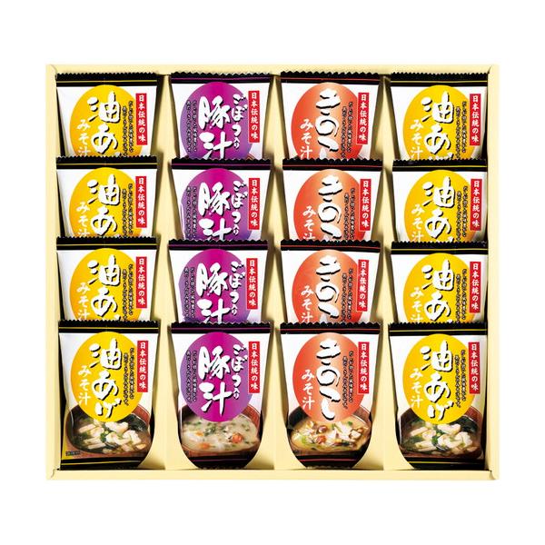 凍結乾燥の技術でお湯を注ぐだけでおいしさそのままのお味噌汁詰合せ。油あげとわかめを使い、和風だしを効かせた定番の油あげ味噌汁。3種のきのこを使い、米みそと豆みそをブレンドした風味豊かなきのこ味噌汁。豚肉と野菜の旨味にごぼうの食感がマッチした...