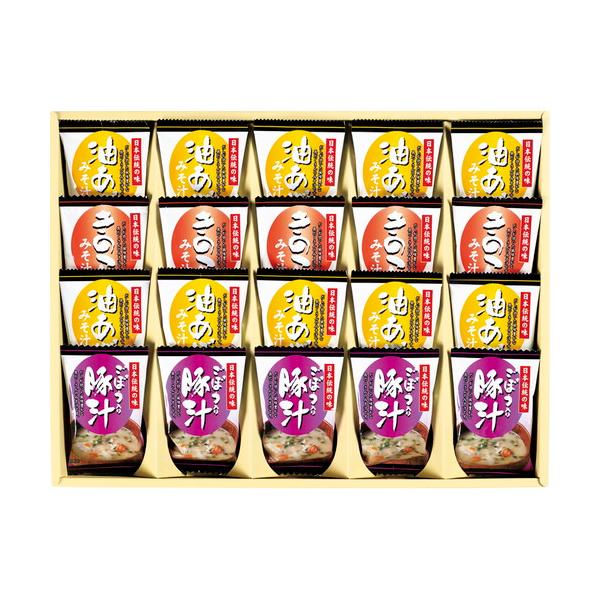 凍結乾燥の技術でお湯を注ぐだけでおいしさそのままのお味噌汁詰合せ。油あげとわかめを使い、和風だしを効かせた定番の油あげ味噌汁。3種のきのこを使い、米みそと豆みそをブレンドした風味豊かなきのこ味噌汁。豚肉と野菜の旨味にごぼうの食感がマッチした...