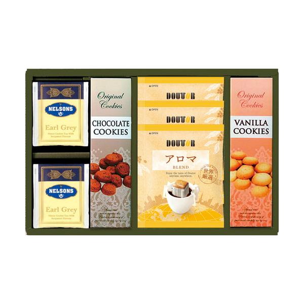 コーヒーと、紅茶、クッキーをセット。バラエティーに富んだ詰め合わせギフトです。■ドトールドリップコーヒーアロマブレンド7g×3、アールグレイ紅茶ティーバッグ(NELSONS)2g×12、チョコクッキー30g・バニラクッキー30g×各1■箱サ...
