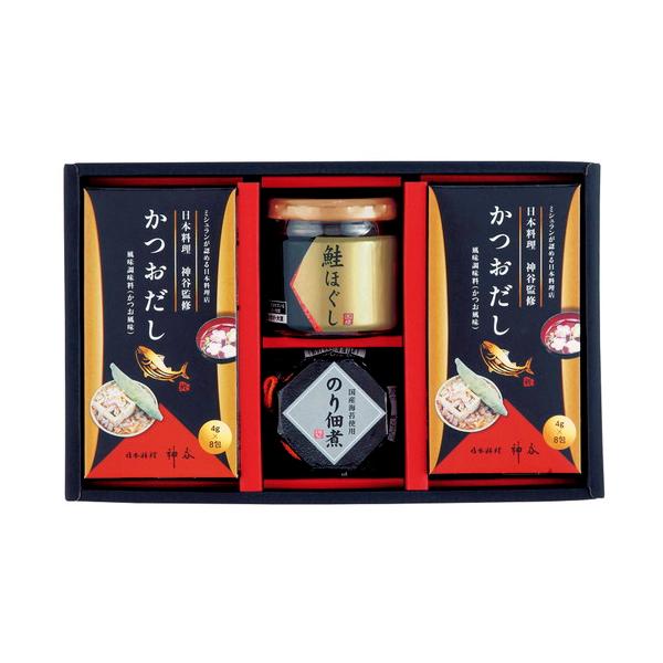 海の恵詰合せ　ミシュランが認める日本料理店「神谷」監修の味を家庭でもおたのしみください。■鮭ほぐし50g・のり佃煮80g×各1、かつおだし(4g×8)×2■箱サイズ:16.5×26×7.5cm【用途】引出物 結婚祝 出産祝 仏事 快気 新築...