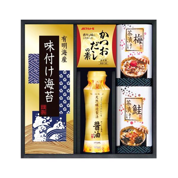 使いやすい卓上サイズの天然醸造しょうゆをメインに海苔やふりかけ、お茶漬けなどを詰合せた和の味が楽しめるギフトです。■有明海産味付け海苔(3切4枚)・マルトモ鰹だしの素(4g×4)・梅茶漬け(4.3g×2)・鮭茶漬け(4.7g×2)・伊賀越天...