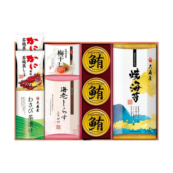 慣れ親しんだ美味しさは、大森屋ならではの贈り物。■焼海苔(8切8枚×2)・わさび茶漬け(5.6g×2)・海老しらすふりかけ(3g×3)・紀州梅干し(1粒×2)×各1、かに風味茶碗蒸しの素(2食分)×2、鮪油漬フレーク70g×3■箱サイズ:2...