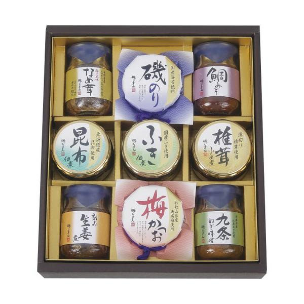 四季折々の海の幸、山の幸を風味豊かな佃煮にして、高級感あふれるデザインに仕上げました。■柚子風味なめ茸85g・磯のり90g・鯛みそ100g・昆布佃煮70g・ふき佃煮50g・椎茸ふくめ煮85g・刻み生姜煮90g・梅かつお90g・九条ねぎ味噌1...