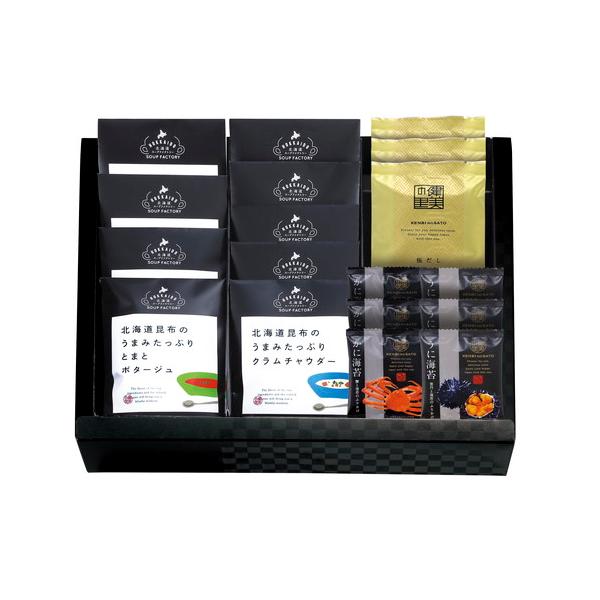 北海道の旨味たっぷりグルメ北海道の厳しい環境の海で育んだ昆布の旨みをベースに、さまざまな野菜の特徴・旨みをいかしたスープと、北海道帆立干し貝柱のだしが特徴の「極だし」、風味そのままうにとずわいがにのふりかけセットです。■北海道昆布うまみたっ...