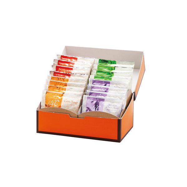 64℃スープを温かくおいしく感じられ、体温上昇にもつながる温度が64度と言われています。シーンに合わせて味わい選べる、 4種類。中華わかめスープ洋風オニオンスープコーンスープ欧風野菜スープ化粧箱を開ければ、小分けして置ける小箱タイプになって...