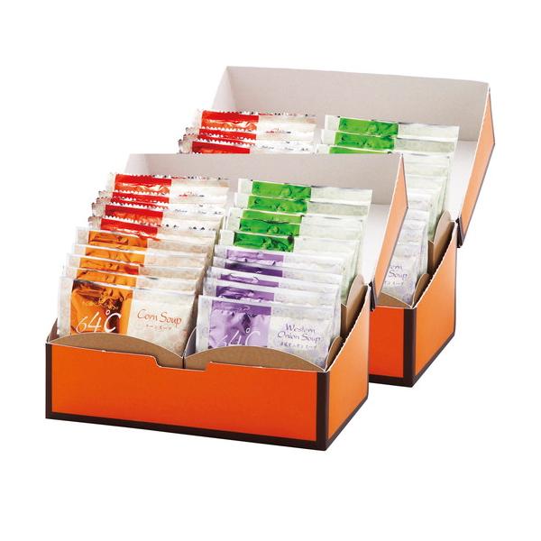 64℃スープを温かくおいしく感じられ、体温上昇にもつながる温度が64度と言われています。シーンに合わせて味わい選べる、 4種類。中華わかめスープ洋風オニオンスープコーンスープ欧風野菜スープ化粧箱を開ければ、小分けして置ける小箱タイプになって...