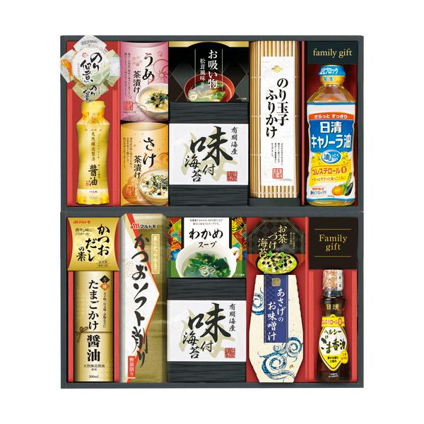 日清のキャノーラ油をはじめ毎日の食卓をバラエティ豊かに彩ります。二段重ね■島の香のり佃煮80g・梅茶漬け(4.3g×2袋)・鮭茶漬け(4.7g×2袋)・永谷園お吸いもの松茸風味(2.3g×4袋)・有明海産味付け海苔(8切6枚×2袋)×2・の...