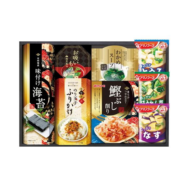 毎日の食卓に彩りを添えます。■有明海産味付海苔(8切4枚×2袋)・永谷園お吸いもの松茸風味(2.3g×2袋)・のり玉子ふりかけ(4.5g×2袋)・わかめスープ(5.3g×2袋)・アマノおみそ汁(とうふ・ほうれん草・なす)・マルトモ鰹ぶし削り...