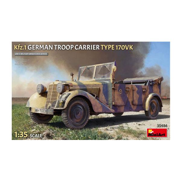 ミニアート 1/35 Kfz.1 ドイツ軍 兵員輸送車 170VK型 プラモデル MA35486 第二次世界大戦中、様々な戦線で多目的の兵員輸送車・参謀車として運用されたKfz.1 170VK型のキットです。内装や、シャーシ、サスペンション...