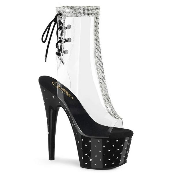 Pleaser プリーザー ヒール ショートブーツ 厚底 18 cm ヒール 透明 クリア 黒 ブラック 女性 男性 用 ハイヒール 大きいサイズ 小さいサイズ ピンヒール 背面 編み上げ レースアップ ギャル レディース メンズ 18セン...