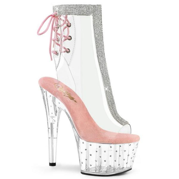 Pleaser プリーザー ヒール ショートブーツ 厚底 18 cm ヒール 透明 クリア 桃色 ピンク 女性 男性 用 ハイヒール 大きいサイズ 小さいサイズ ピンヒール 背面 編み上げ レースアップ 女装 レディース メンズ 18センチ...