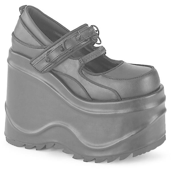 demonia デモニア パンプス 厚底 ウェッジソール 15 cm ヒール 黒 ブラック フェイクレザー 甲ベルト スタッズ 小さいサイズ 大きいサイズ 厚底靴 パンク V系 ゴシック ゴスロリ 原宿系 ロリータ ファッション 韓国 靴 ...