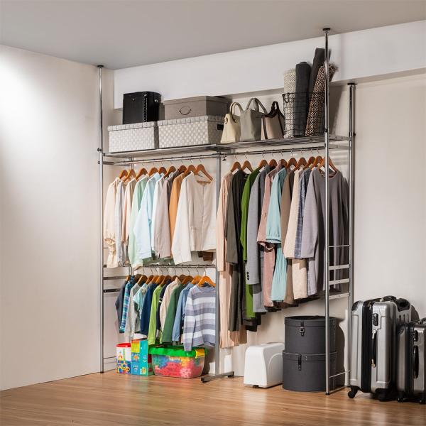 壁一面が素敵な大量収納ワードローブに！奥行43.5cmの薄型タイプの突っ張りハンガーラックです。●クローゼット内で対面使いもできる薄型の大量収納ハンガーラックです。●突っ張り式なので天井まで無駄なく洋服をたっぷり収納することができます。●ロ...