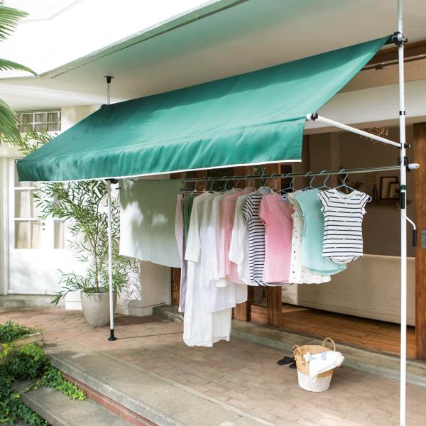 物干し竿＆目隠し前幕付き 突っ張りオーニング 本体幅303cm 日除けシェード ガーデンパラソル ディノス dinos 人気 おしゃれまるでお店のような日除けが、施工工事不要で設置可能！■突っ張るだけの楽々施工。軒下があっという間に涼しくて...