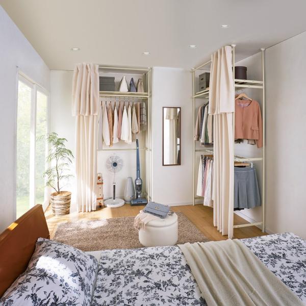 組立の労力を削減した頑丈突っ張りハンガー 幅固定タイプ（120cm） カーテン付き 衣類収納 クローゼットハンガー カバー ディノス dinos 人気 おしゃれ組み立てやすくて、大容量の壁面収納クローゼットハンガーです【ポイント 1】ネジの...