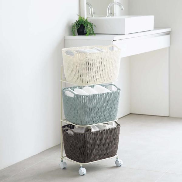 CURVER/カーバー ニット調ランドリーワゴン＋バスケットセット 新スクエアタイプ（3段ワゴン＋スクエア×3個） トイレ 洗面所 ランドリー 洗濯かご ディノス dinos 人気 おしゃれ拭き掃除はもちろん、水洗いもできるポリプロピレン素...