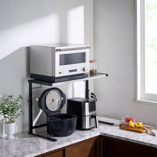 家電上が生まれ変わる「手間がすっきり」幅・高さ伸縮ラック 幅50.5cm-80cm奥行39.5cm高さ40.5cm-60cm キッチン用品収納 ディノス dinos 人気 おしゃれ奥の柱だけで天板を支える「手前がすっきり」構造（ア）ブラック...