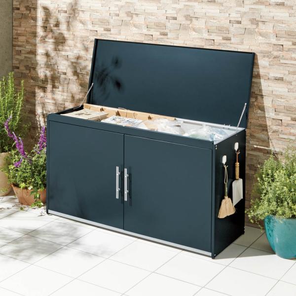 モダン2面開閉ダスト収納庫 幅125cm（容量290L） 保管庫 ディノス dinos 人気 おしゃれサビに強い素材を使用した上品なダークグレー色の収納庫。かさばる資源ゴミや重い古紙類も整理しやすい2面開閉。エクステリアのゴミ置き場にお悩み...
