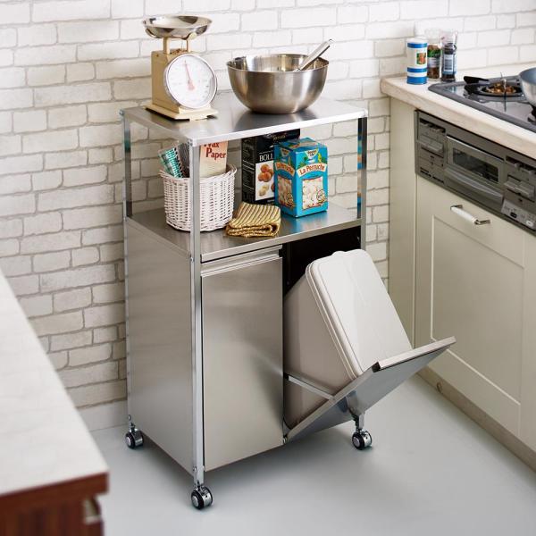 ステンレス作業台ワゴン ダスト2分別 幅50cm ダストボックス キッチン 分別 ディノス dinos 人気 おしゃれ高さ85cmでシンクに続く作業台として使える、ステンレス製キッチンワゴン◆一般的なキッチンシンクの作業台の高さに合わせた高...