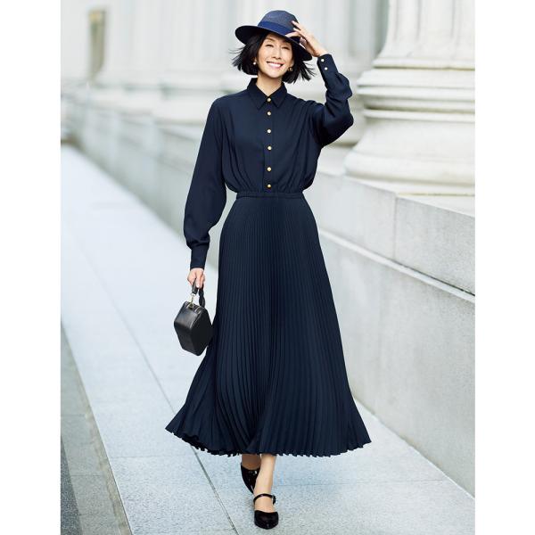 バックサテンジョーゼット プリーツ シャツワンピース ワンピース マキシワンピース ロングワンピース ディノス dinos 人気 おしゃれ 30代 40代 50代 60代 レディースParisien Style街に映えるフレンチシック。シン...