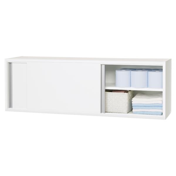 光沢仕上げ吊り戸棚 横型引き戸タイプ 幅120cm高さ40cm トイレ 洗面所 ランドリー収納 洗面所収納 隙間収納 ディノス dinos 人気 おしゃれ通路に置いても使いやすい引き戸タイプ壁面を生かした壁付け収納の引き戸タイプ。開閉に場所...