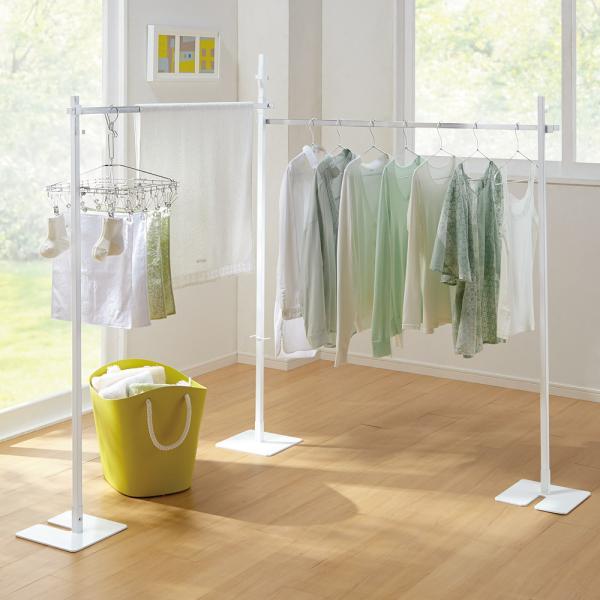 コンパクトに収納 2WAY物干しポールハンガー ダブル 洗濯用品 物干し 室内 屋外 洗濯物干し台 ディノス dinos 人気 おしゃれホワイト　ダブルタイプ使う時だけ広げられる、室内物干しハンガーラック普段はポールハンガー、広げれば室内物...
