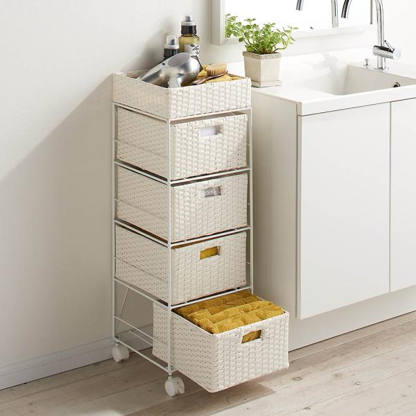 ラタン調バスケットワゴン 幅30.5cm トイレ 洗面所 ランドリー収納 洗面所収納 隙間収納 ディノス dinos 人気 おしゃれ〜水回りでも安心の樹脂製ラック〜●ラタン調のバスケットは樹脂製なので、水や汚れに強く、お手入れも簡単です。●...