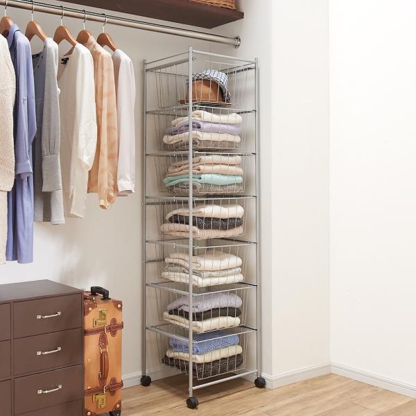 奥行53cm 上下カーテン付き突っ張り頑丈ハンガーラック スライドバスケット7段 衣類収納 押入れ クローゼット収納 ディノス dinos 人気 おしゃれキャスター付きなのでお掃除や衣替え等でも移動楽々！