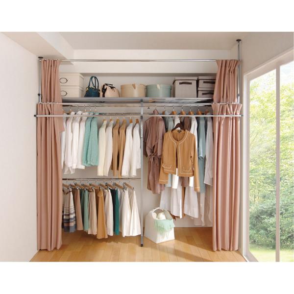 奥行79cm 上下カーテン付き突っ張り頑丈ハンガーラック ロータイプ・【標準】幅137-230cm対応 衣類収納 クローゼットハンガー カバー ディノス dinos 人気 おしゃれ前後ダブル掛けの大容量の壁面収納クローゼットハンガーです●と...